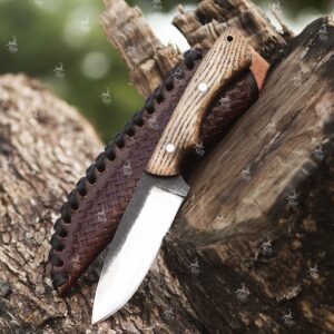 10'' inch fixed blade hunting knife, bushcraft, survival, outdoor, skinning, camping full tang knife with leather sheath. (oak wood)