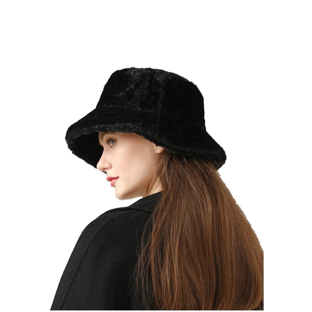 CZEVIP Black Faux Fur Bucket Hat Soft Warm Winter Fuzzyy Bucket Hat Fluffy Winter Hats for Women Men Furry Bucket Hat Unisex