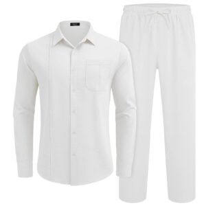 COOFANDY Mens Linen Yoga Outfits Casual Button Down Shirts with Pocket and Loose Pants All White Outfits for Men