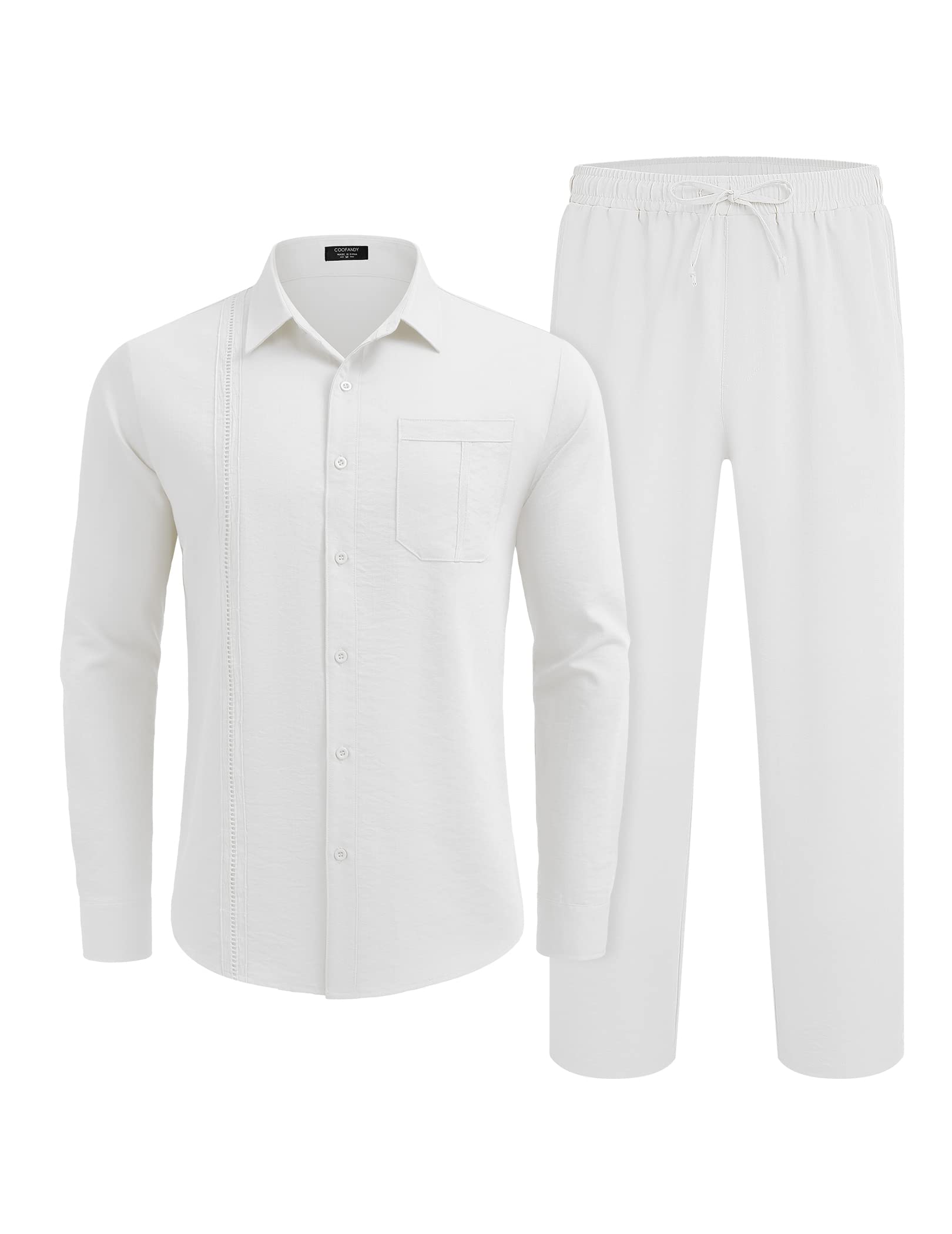 COOFANDY Mens Linen Yoga Outfits Casual Button Down Shirts with Pocket and Loose Pants All White Outfits for Men