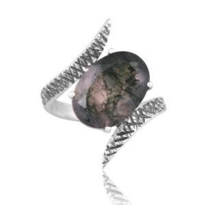 dhruvansh creations natural moss agate gemstone genuine 925 sterling silver bypass ring for women oval cut women's ring set for engagement wedding jewelry (8.5)