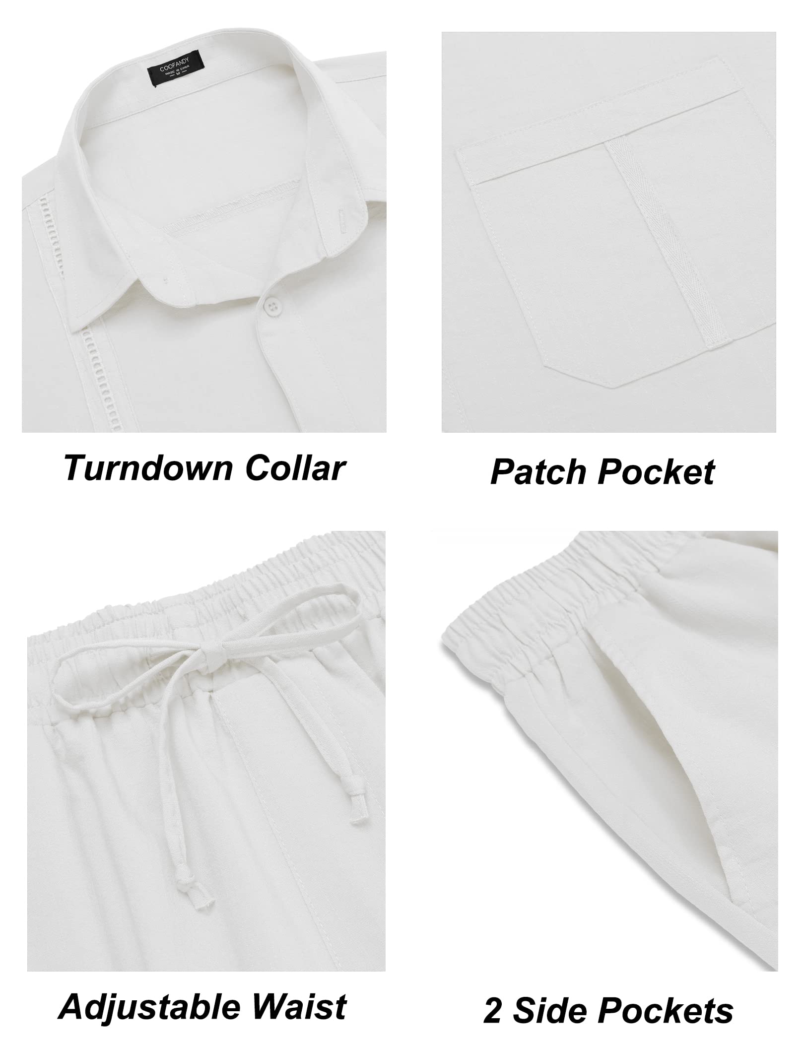 COOFANDY Mens Linen Yoga Outfits Casual Button Down Shirts with Pocket and Loose Pants All White Outfits for Men