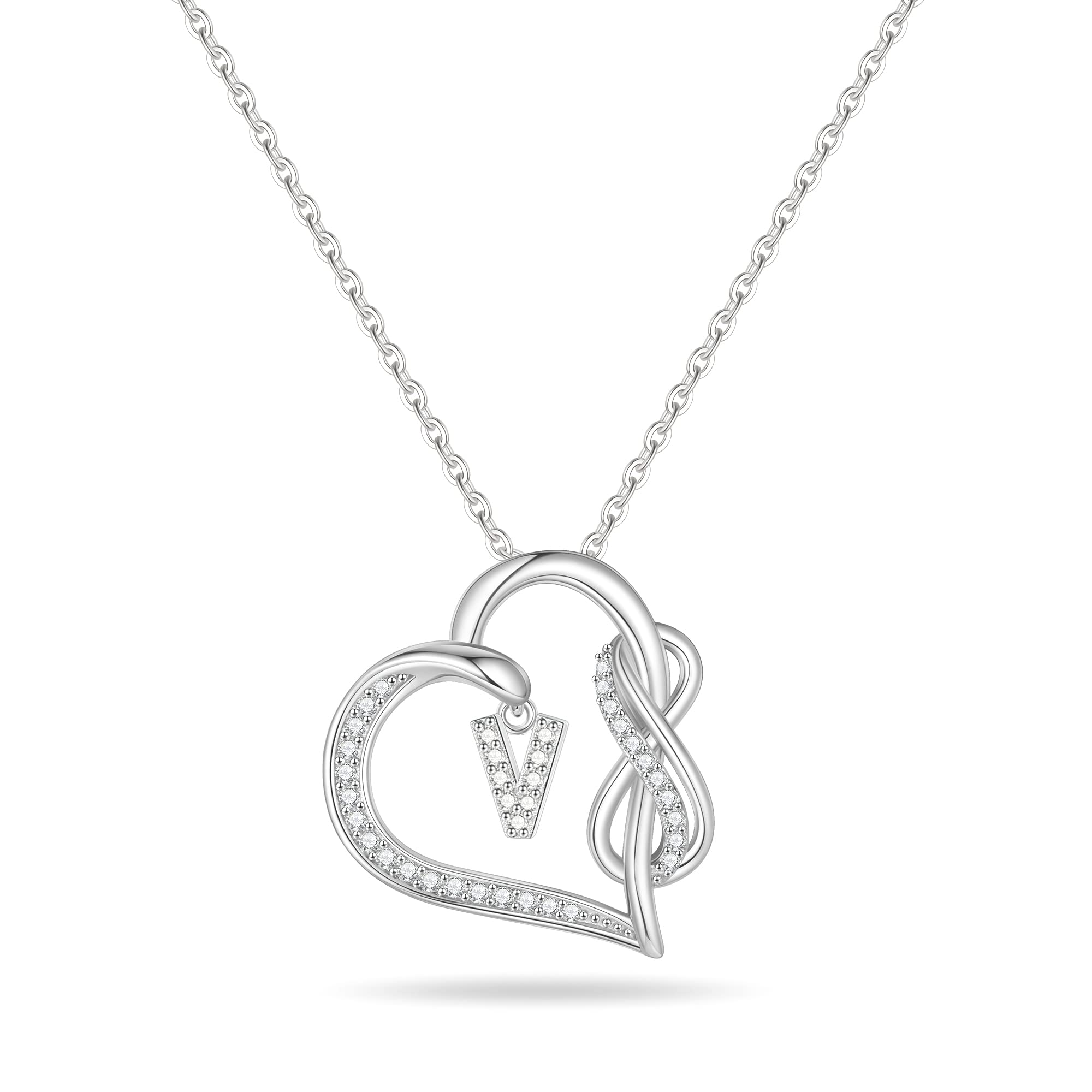 925 Sterling Silver Heart Necklaces for Women, Silver Infinity Necklace Anniversary Birthday Christmas Gifts for Women Mom Wife Girlfriend Ideas Womens Jewelry Initial V Necklace Valentine's Day Gifts