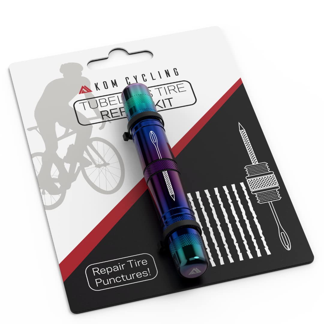 KOM Cycling Tubeless Tire Repair Kit for Bikes 8 Colors! Fixes Mountain Bike and Road Bicycle Tire Punctures – includes Tire Repair Fork Reamer, 8 Bacon Strips. Tubeless Bike Repair Kit (Iridescent)