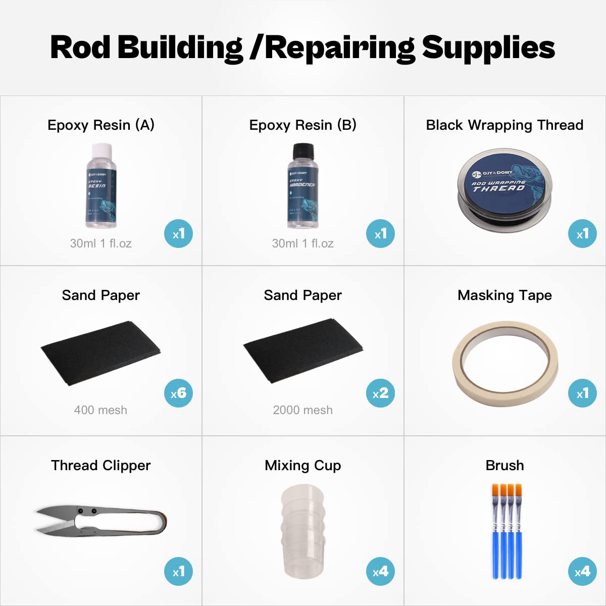 OJYDOIIIY Fishing Rod Repair Kit with Epoxy Glue, Wrapping Thread, Clipper, and Masking Tape