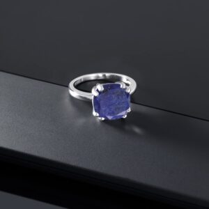 Gem Stone King 925 Sterling Silver Blue Lapis Double Prong Ring For Women (3.50 Cttw Cushion 10MM, Available In Size 5, 6, 7, 8, 9)