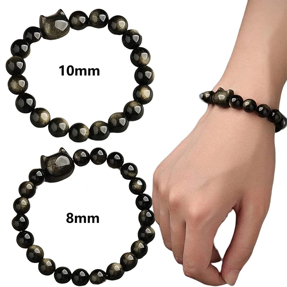 Natural Silver Obsidian Cute Cat Protection Amulet Charm Bracelet, Cat Obsidian Bead Charm Bracelet, 8/10mm Black Obsidian Crystal Bracelet, Anti Anxiety Stress Relief Jewelry Gift, Unisex (2Pcs- Gold+Silver (8mm))