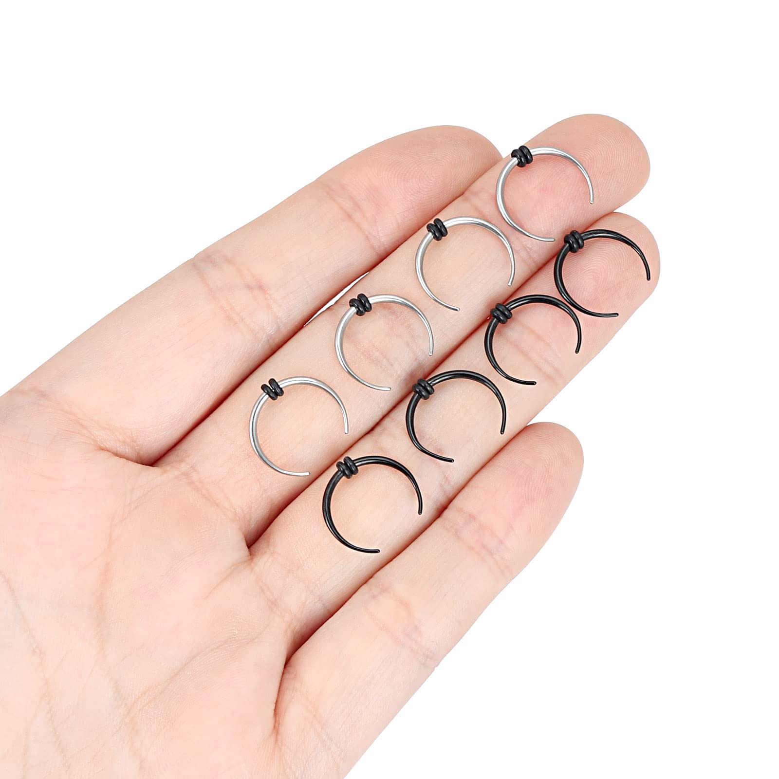 Qmcandy 8pcs 16G Stainless Steel Black Silver Pinchers Septum Piercing Horseshoes Nose Rings Buffalo Taper with Black O-Rings, 00g