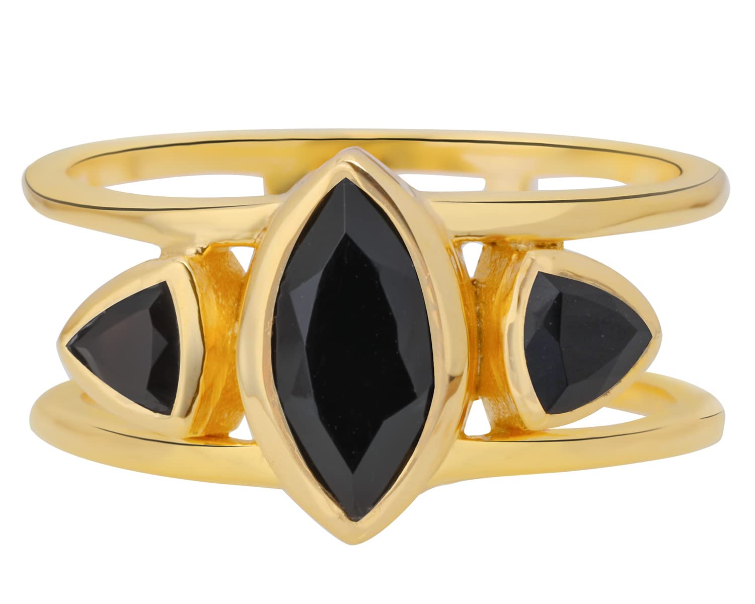 YoTreasure Black Onyx Solid 14K Gold Plated Over 925 Silver 3 Stone Ring (10)