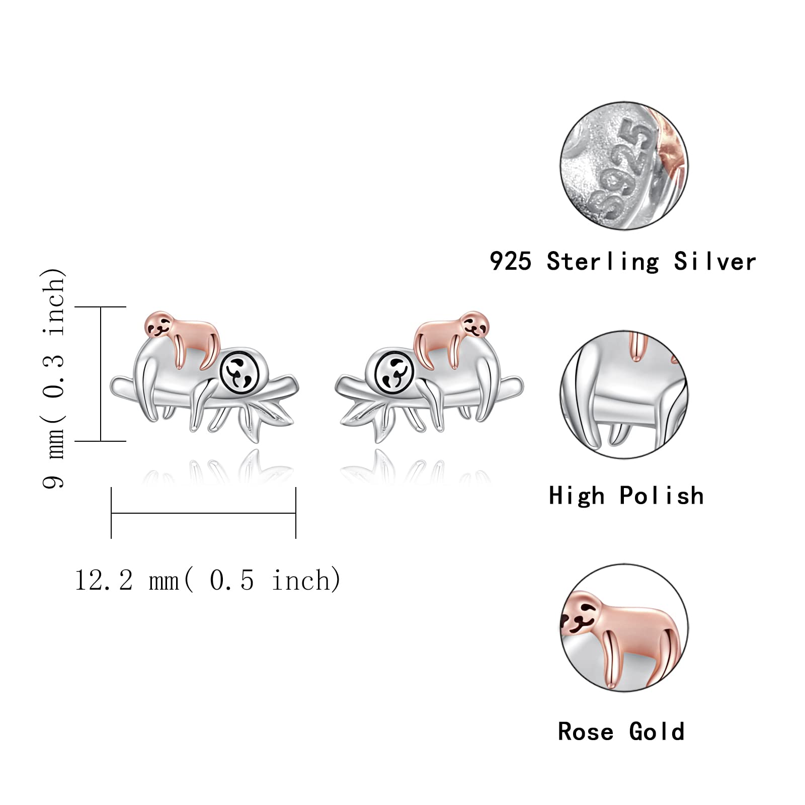 925 Sterling Silver Animals Earrings Hypoallergenic Stud Earrings Cute Animal Jewelry Unique Gifts for Women (Sloth Stud)