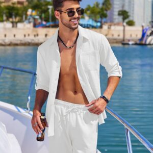 COOFANDY Mens Linen Yoga Outfits Casual Button Down Shirts with Pocket and Loose Pants All White Outfits for Men