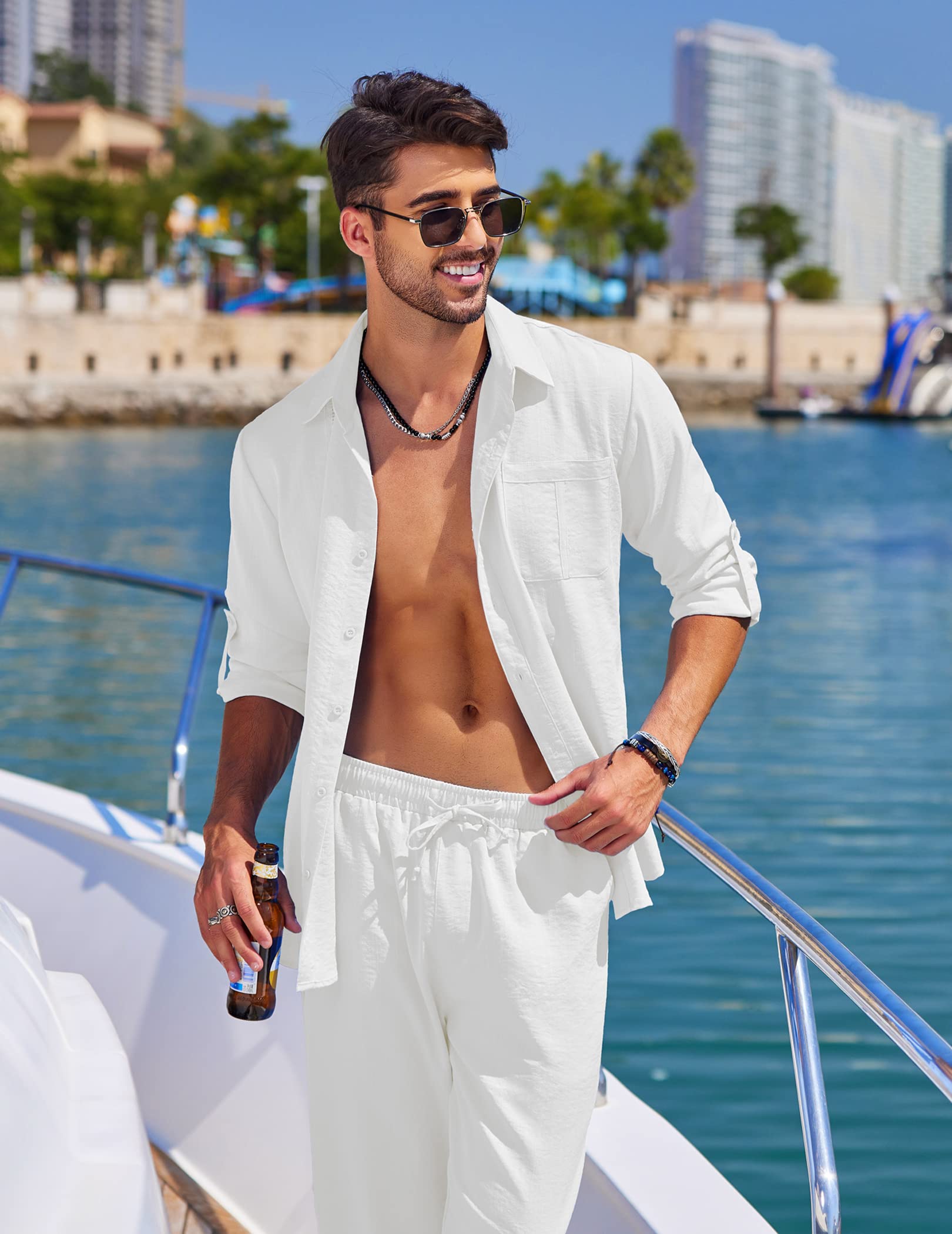 COOFANDY Mens Linen Yoga Outfits Casual Button Down Shirts with Pocket and Loose Pants All White Outfits for Men