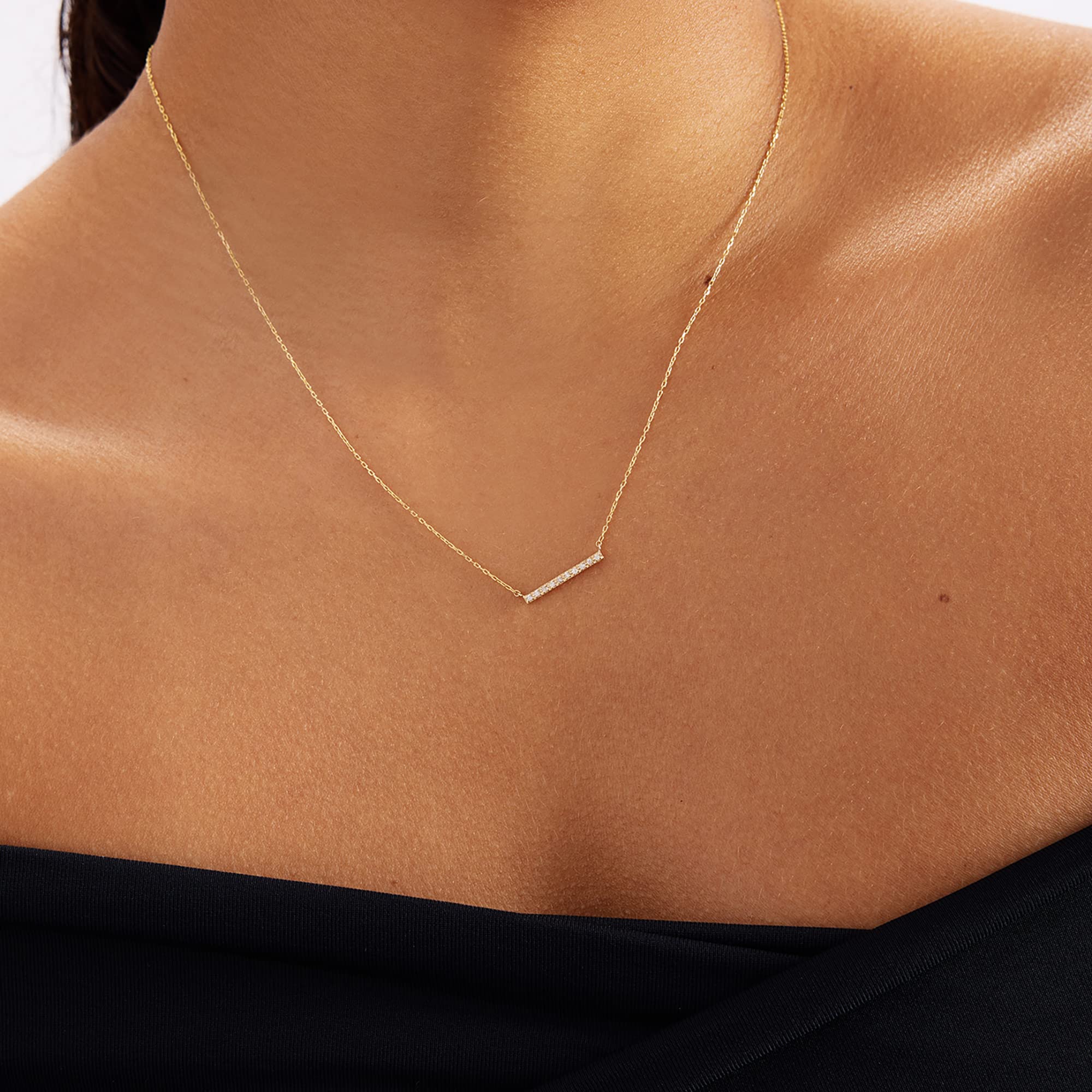 Diamond Bar Necklace for Women | 14k Real Gold French Set Diamond Bar Necklace | 14k Gold Long Bar Pendant Necklace | Delicate Diamond Jewelry | Gifts for Birthday, 18"