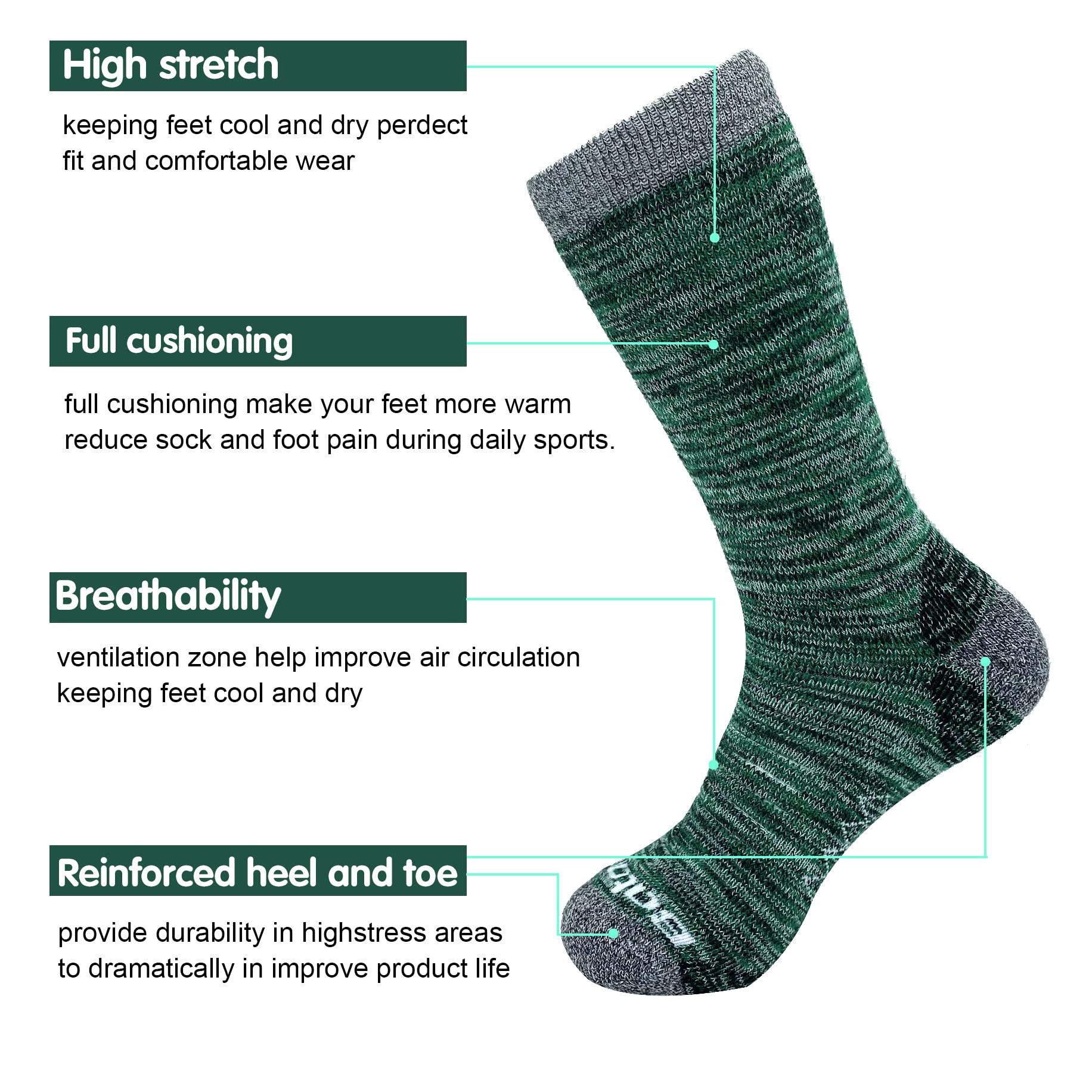 bataidis Hiking socks with Full Cushioned,Thicker,Warmer and more Breathable Men's Outdoor Hiking Running Socks 4 Pairs of Crew Socks for Men.Size in Large