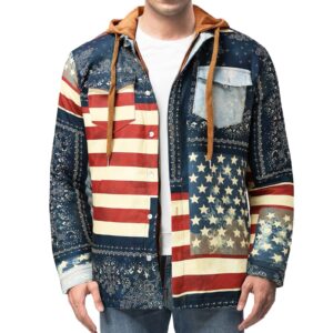 Men Casual Autumn and Winter Retro Print Hooded Zipper Pocket Long Sleeve Shirt Color Blocking Jacket (Multicolor, XL)