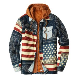 Men Casual Autumn and Winter Retro Print Hooded Zipper Pocket Long Sleeve Shirt Color Blocking Jacket (Multicolor, XL)