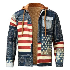 men casual autumn and winter retro print hooded zipper pocket long sleeve shirt color blocking jacket (multicolor, xl)