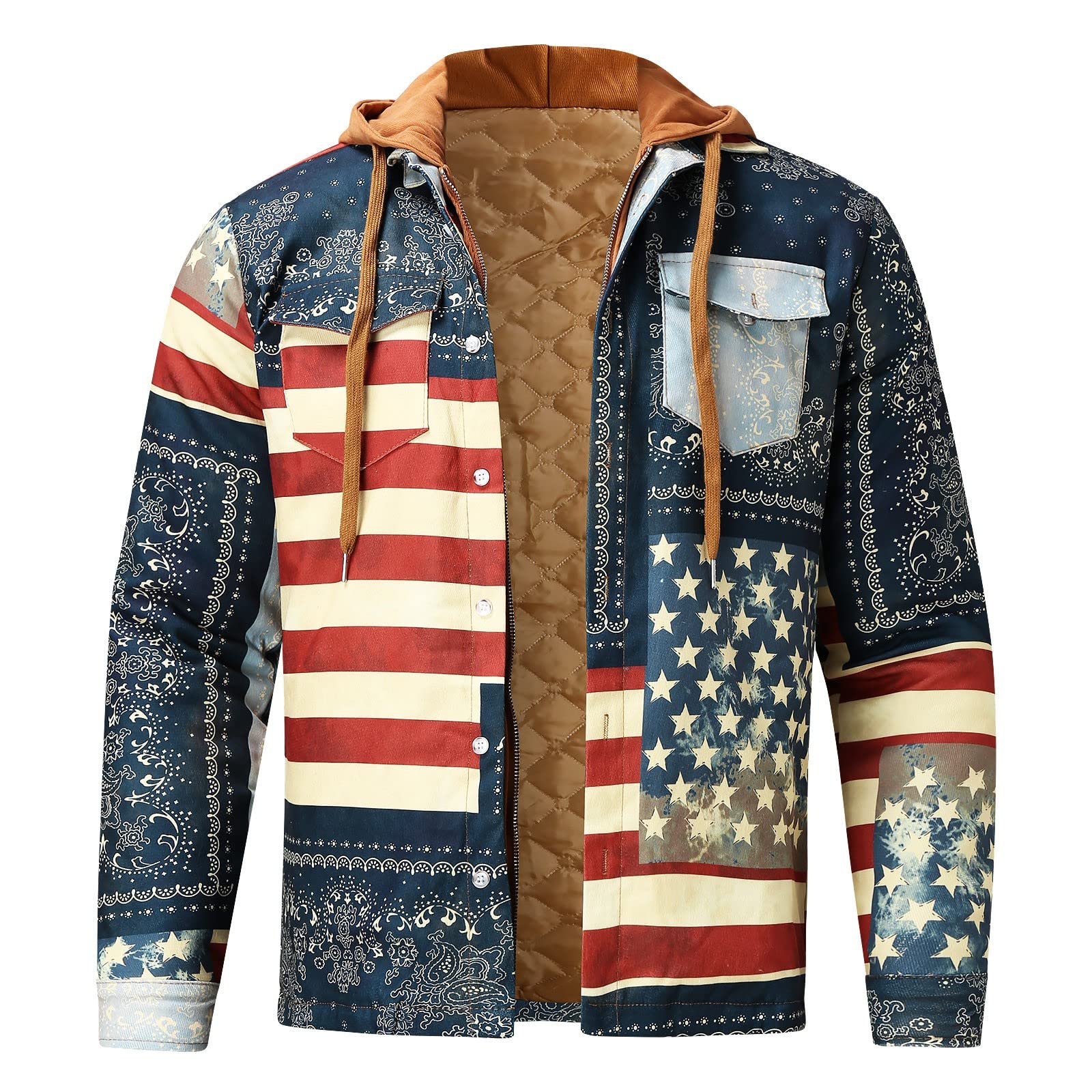 Men Casual Autumn and Winter Retro Print Hooded Zipper Pocket Long Sleeve Shirt Color Blocking Jacket (Multicolor, XL)