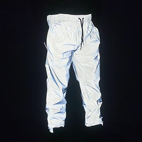 Akkad Kuti Mens Reflective Pants Silver Party Dance Fluorescent Trousers Casual Night Cycling Joggers (Silver Pants,L)