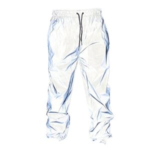 akkad kuti mens reflective pants silver party dance fluorescent trousers casual night cycling joggers (silver pants,l)