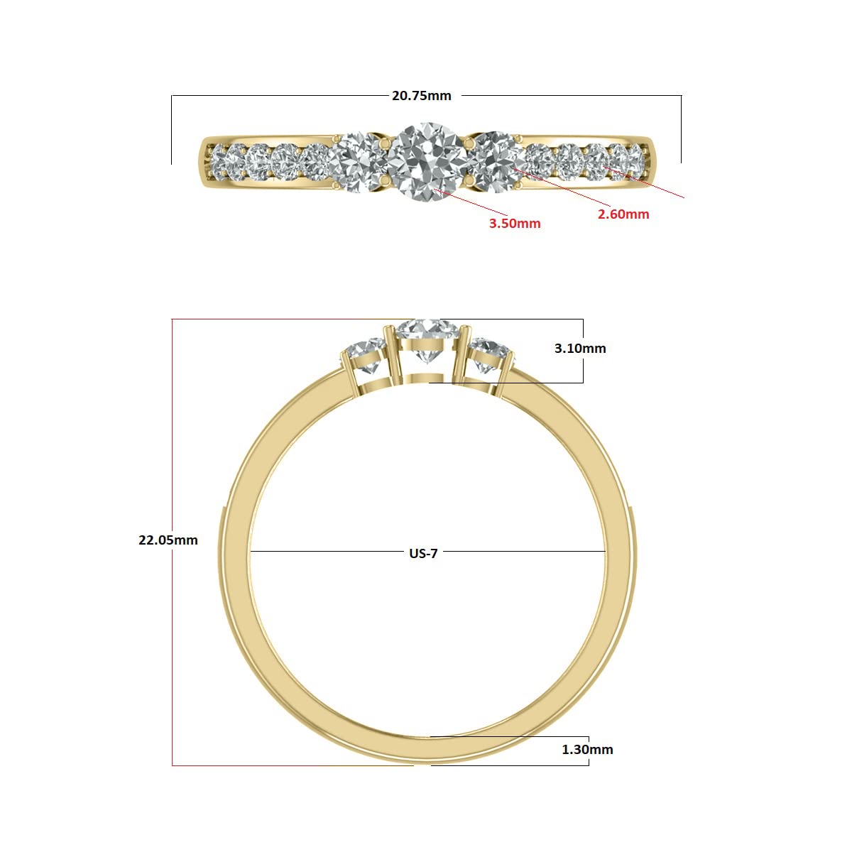 TimeLe$$ Classics 1/2 Carat TW Natural Diamond Three Stone Engagement Ring in 14K Yellow Gold (Ring Size 6)