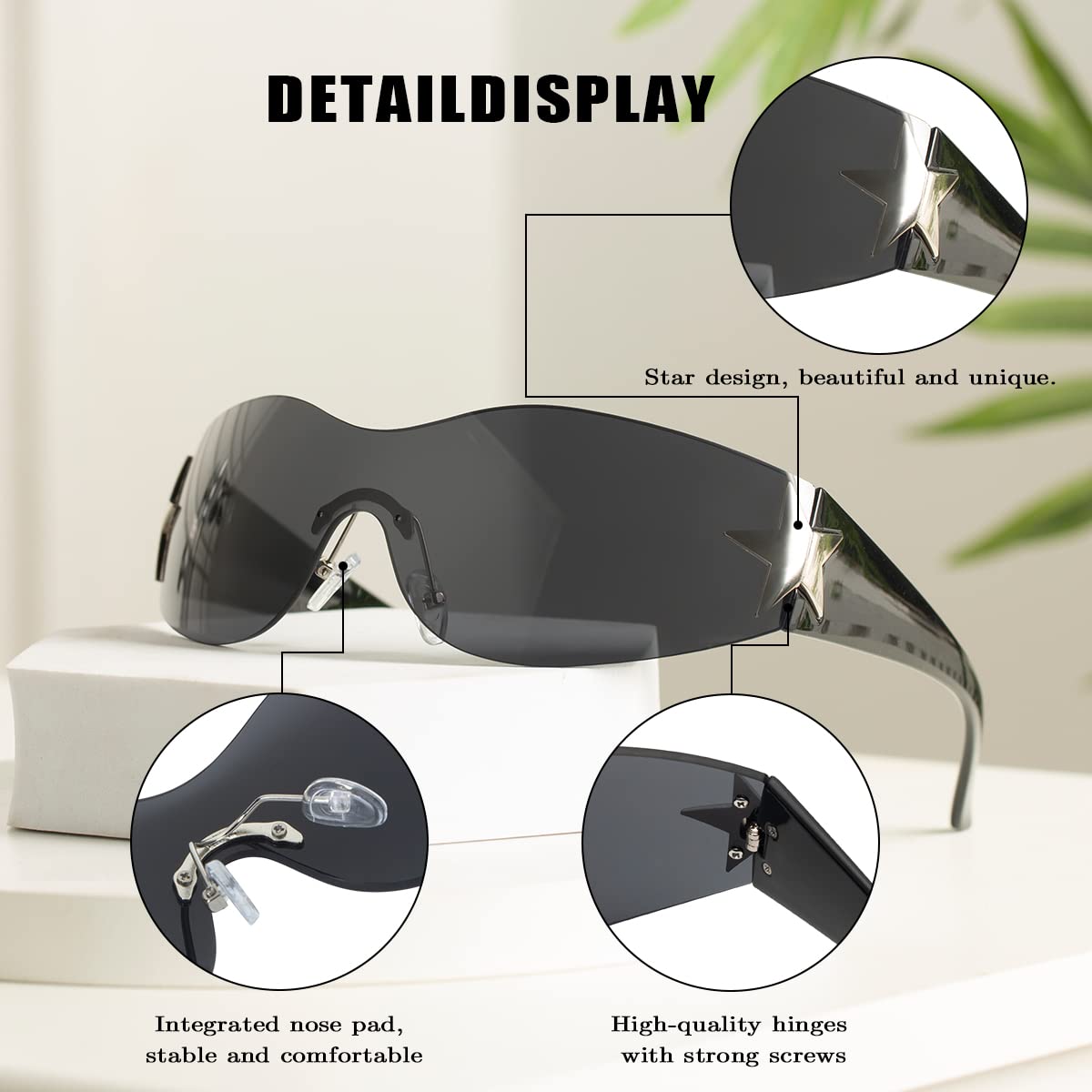 Dollger Trendy Y2K Sunglasses Women Men Rimless Wrap Around Sunglasses Fufuristic Y2K Star Fashion Visor 2000 Glasses Shield Black Shades