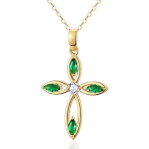 muuyon 14k gold emerald cross necklace for women, real yellow gold created emerald green cross pendant necklace, religion jewelry for ladies mom sisters, 16"+1"+1"