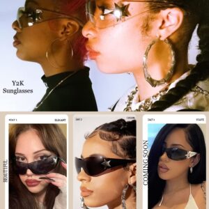 Dollger Trendy Y2K Sunglasses Women Men Rimless Wrap Around Sunglasses Fufuristic Y2K Star Fashion Visor 2000 Glasses Shield Black Shades