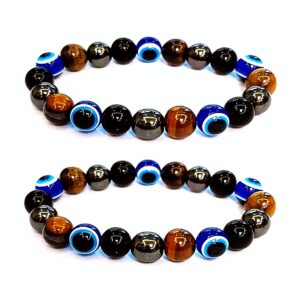 wefrin evil eye with hematite black obsidian tiger eye stone triple protection bracelets for men women, crystal jewelry stone bracelets bring luck and prosperity and happiness 10mm beads