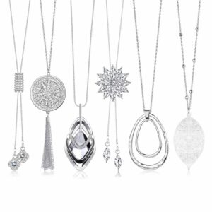 jstyle 6pcs long pendant necklaces for women long sweater necklaces silver flower tassel disk circle leaf statement sweater chain necklace for women y necklace set fashion jewelry c