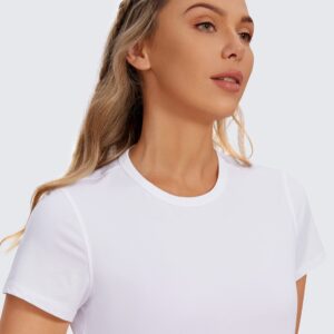 CRZ YOGA Women's Pima Cotton Short Sleeve Crop Tops High Neck Cropped Workout Tops Yoga Athletic Shirts Casual T-Shirt White X-Small