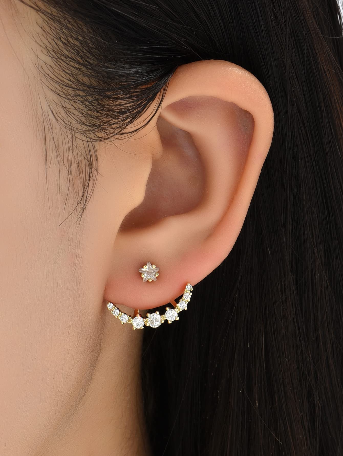 12 Pair Cubic Zirconia Moon and Star Jacket Cuff Earrings for Women, Gold Plated Front Back 2 in 1 with CZ Pearl, Flower Earring Studs