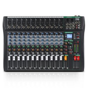 xtuga ct120 12-channel professional audio mixer for computer recording sound controller interface built-in digital effect studio mixer with 48v phantom power,rca input/output,mp3,bluetooth,eq