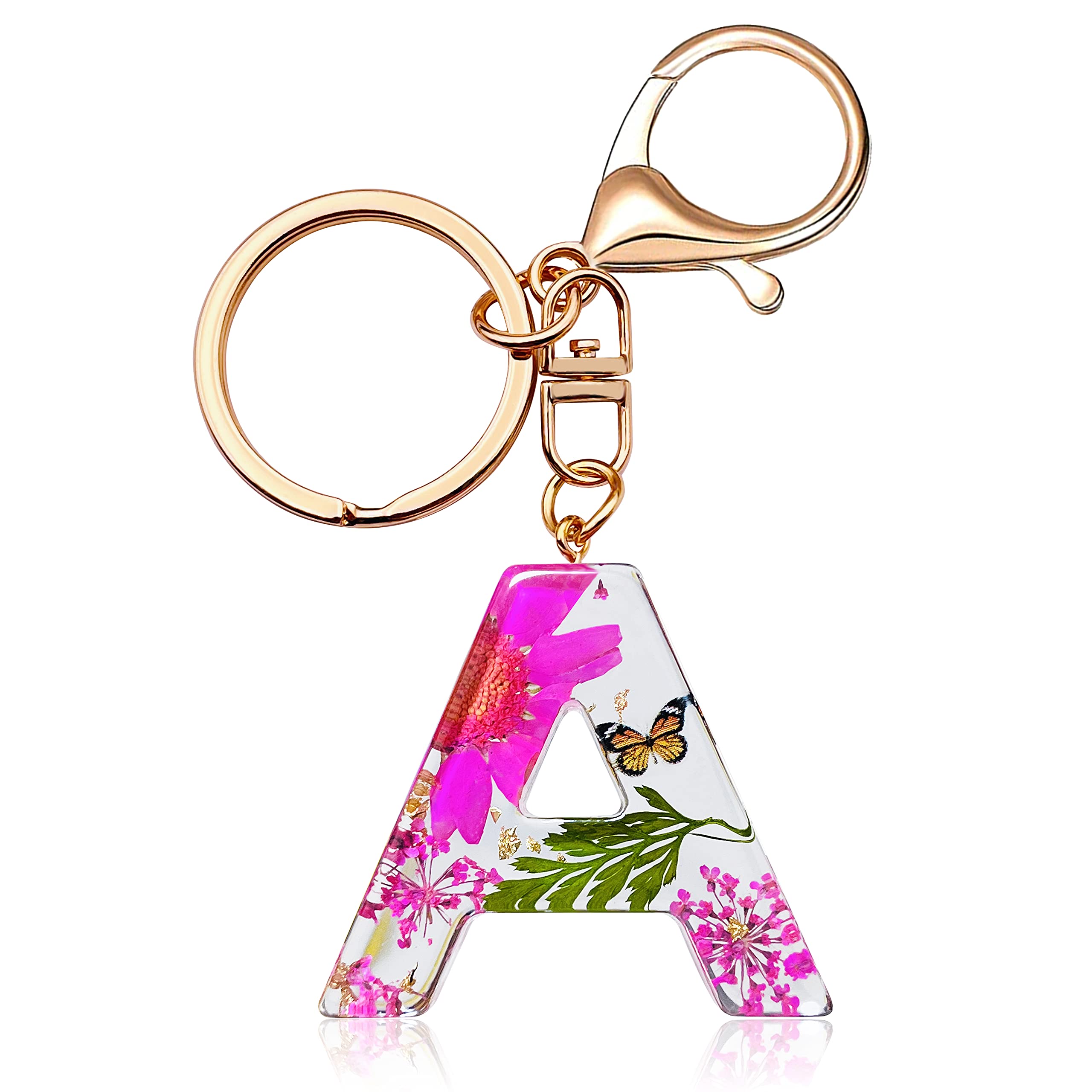 Initial Letter Butterfly Flower Pink Keychain Birthday gifts for Women Girl Backpack Wallet Car Key Cute Bling Keychain