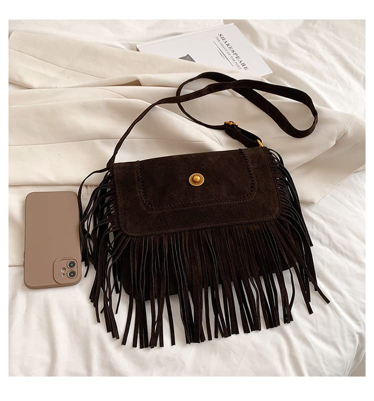 Vintage Western Cowgirl Style Fringe Crossbody Bags Country Women Hobo Hippie Grunge Tassel Faux Suede Shoulder Bags (Coffee,One Size)