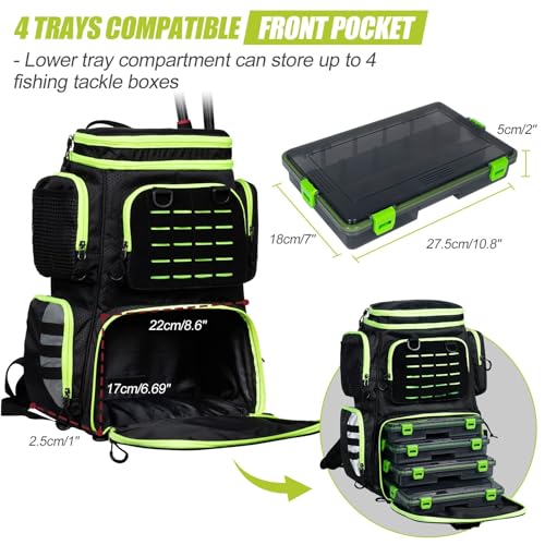 FEIWOOD GEAR Fishing Tackle Backpack with Rod Holder & 4 Tackle Boxes, Large Waterproof Fishing Bag with Rain Cover for Fishing Gear Storage, Ideal Fishing Gifts