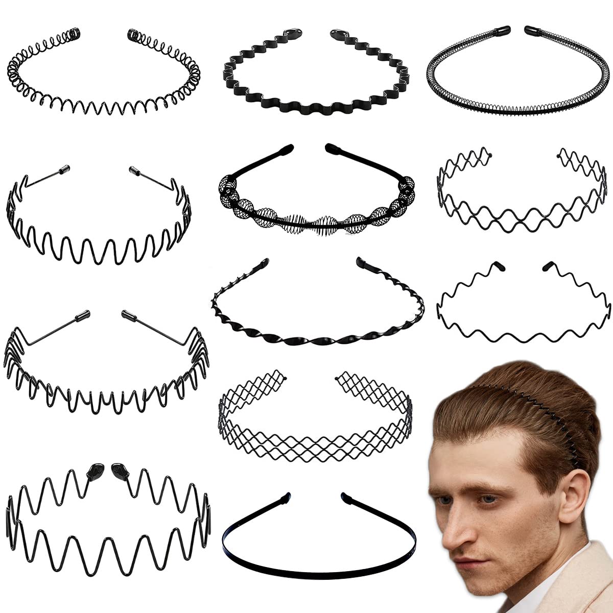 BOYIVI 12 Pieces Metal Headband for Men Adjustable Wavy Black Hair Band Non-slip Hair Hoop Unisex for Home, Outdoor, Sports and Yoga Accessories