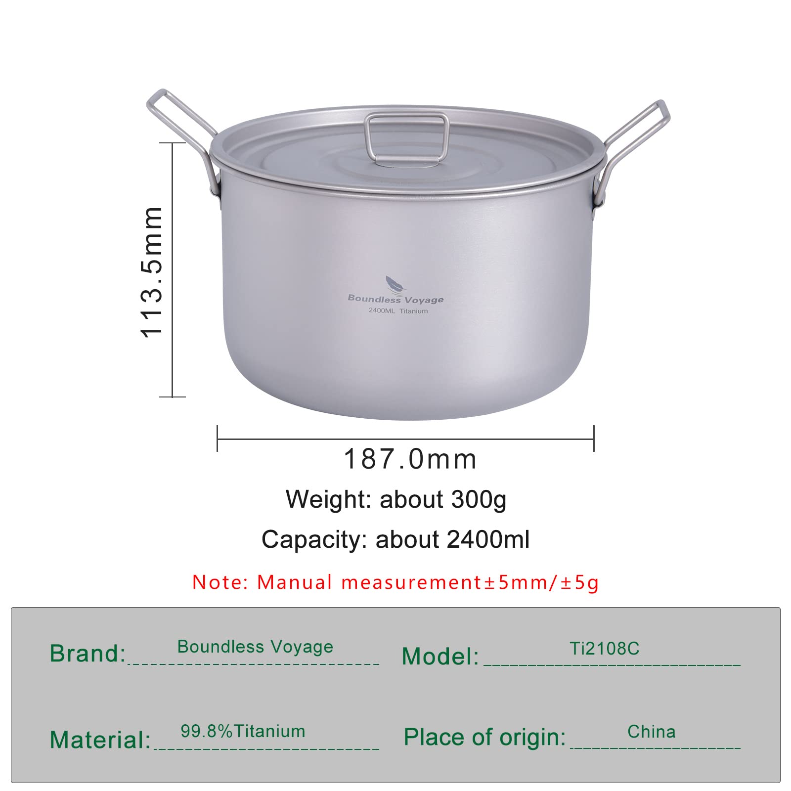 Boundless Voyage Camping Cookware Lightweight Cooking Pot Set Titanium Pot Portable for Outdoor Cooking Traveling Hiking Trekking Backpacking, 1-5 Person (2.4-Pot)