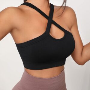 COZYEASE Women's Criss Cross Ribbed Knit Sports Bra Seamless Crop Top Yoga Bras Black S