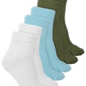 Bencailor 3 Pairs Women Toe Socks Fuzzy Toe Socks Warm Winter Toe Socks Five Toe Socks for Women Men, Size 5-8(Green, Blue, White)