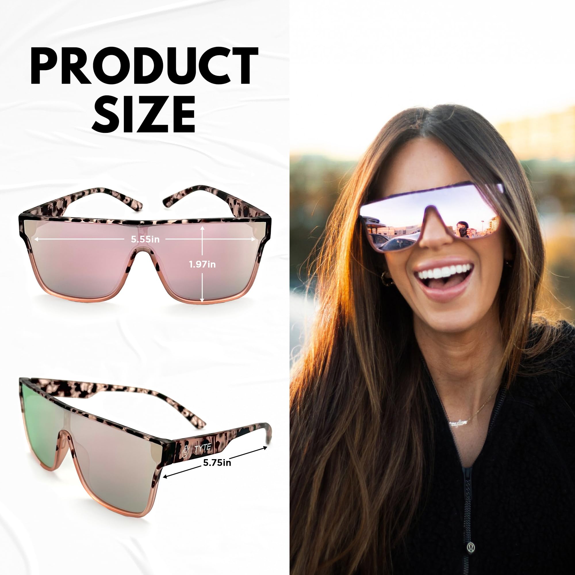 TYTE - Premium Quality Oversized Sunglasses, Stylish Sunglasses with Big Mirrored Lenses, Anti Fogging Sunglasses for Sports, Skiing, Snowboarding & More, Tortoise/Pink