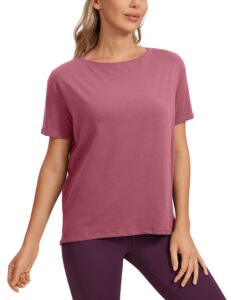 crz yoga women's pima cotton short sleeve shirts boat neck loose fit gym workout t-shirt athletic casual tops misty merlot x-large