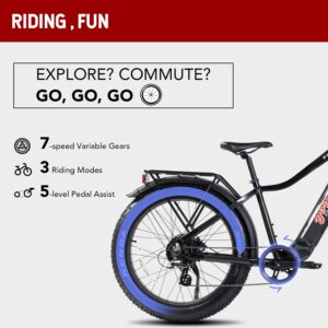 Young Electric Electric Bike Adults 750W Motor Ebike 48V 15Ah Removable LG Cells Battery 26'' Fat Big Tire 28mph Shimano 7-Speed Bicycle Snow Beach Mountain Off Road Commuter