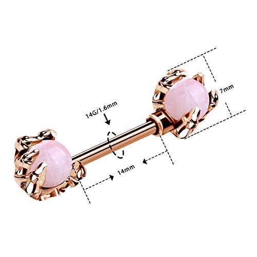 OUFER 14G Nipple Rings, 316L Surgical Steel Nipple Piercing Jewelry, 2PCS Pink Opals Surrounded by Dragon Claws Nipple Barbell Piercing Jewelry