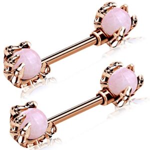 oufer 14g nipple rings, 316l surgical steel nipple piercing jewelry, 2pcs pink opals surrounded by dragon claws nipple barbell piercing jewelry