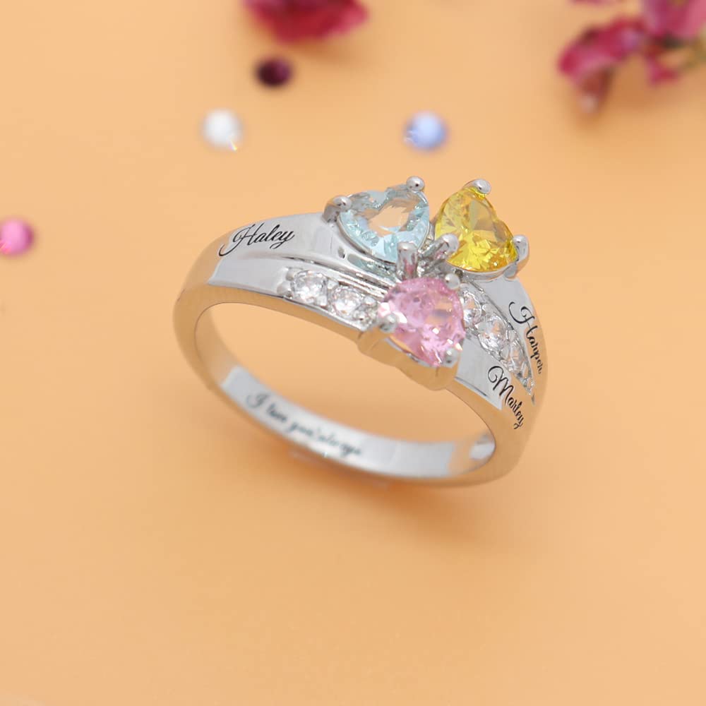 Tribitneer Personalized Mothers Rings with 3 Simulated Birthstones Custom Name Promise Rings for Women Family Name Rings for Mom Grandmother