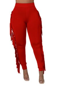 women's fringe pants casual high waist solid bodycon side tassel pants yoga pants sweatpants bandage pants red large