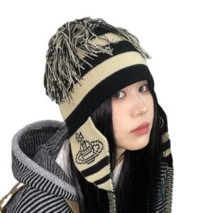 ceinom anime cosplay beanies hats girl women tassel ear protection hat warm cap grunge accessories slouchy beanies for women (black,one size)