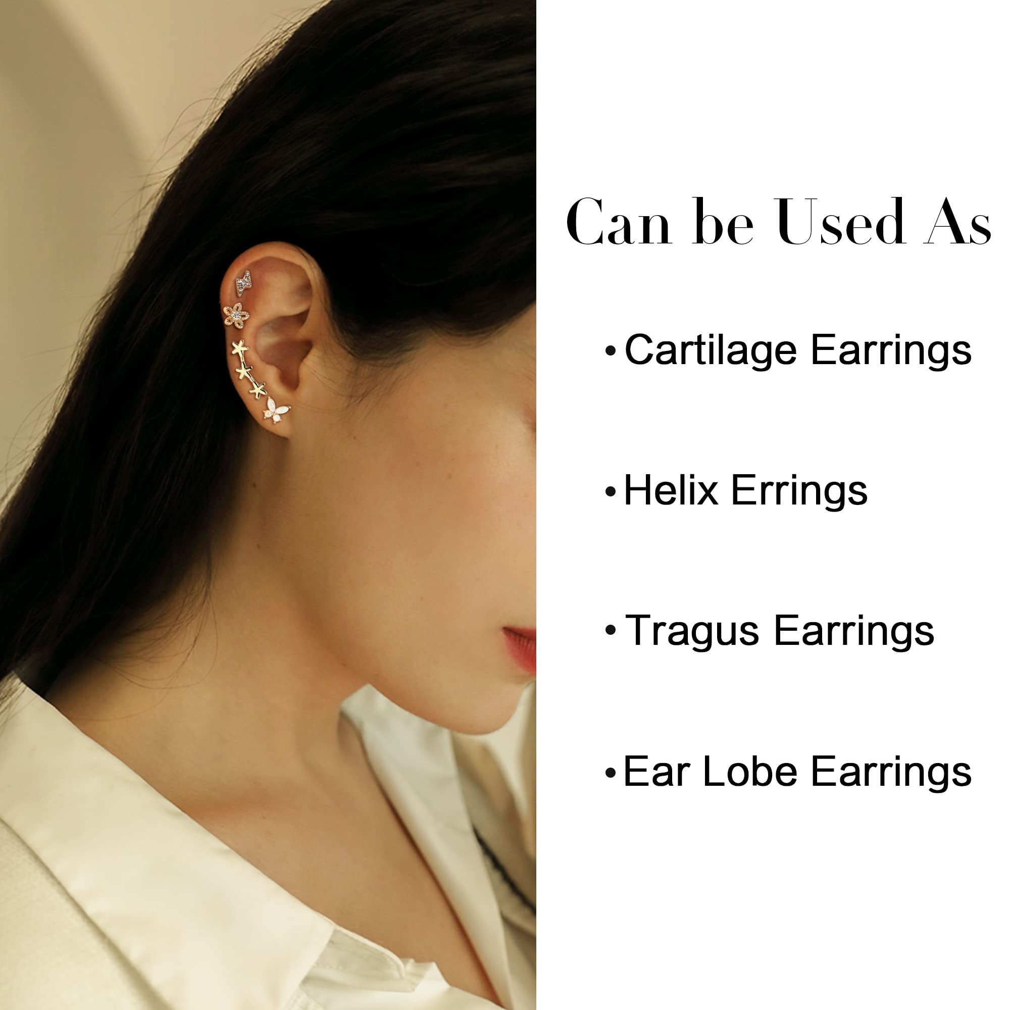 Dochais 9Pcs Cartilage Earrings for Women Stainless Steel Cartilage Butterfly Flower Star CZ Opal Helix Tragus Piercing Jewelry Gold