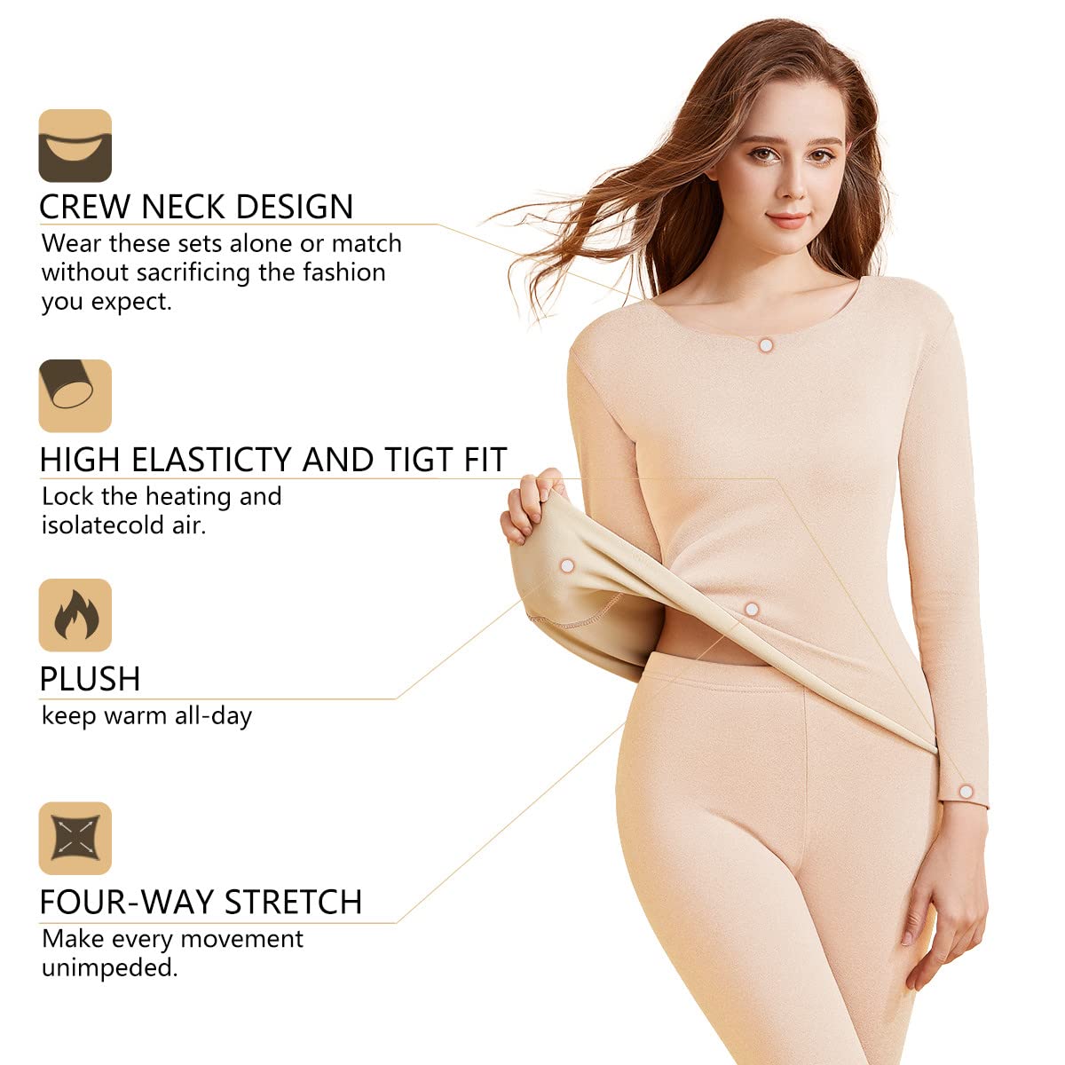 Merdia Thermal Underwear Long Johns Base Layer for Women | Stretch Soft Thermal Top and Bottom Set | Women's Thermal Underwear Sets | Ski Clothing for Women | Insulated Underwear for Women (Beige-XS)